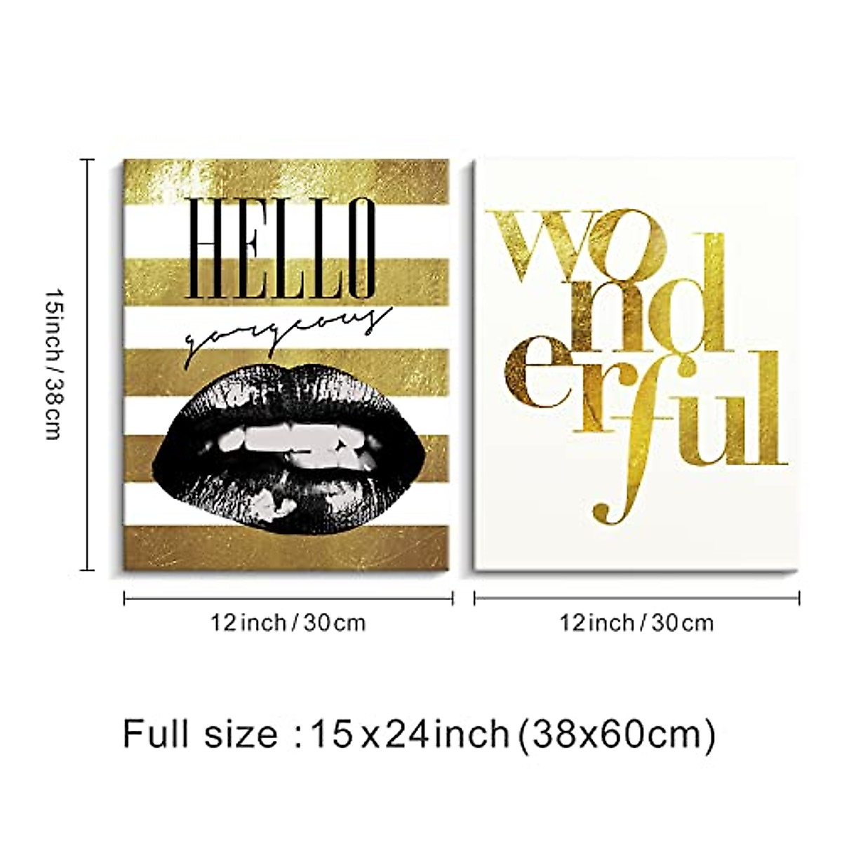 Creoate Fashion Women Wall Art 2 Pieces Lips Picture Canva Print Artwork Framed Set Black Gold Wall Decor for Girls Bedroom (Multi)…