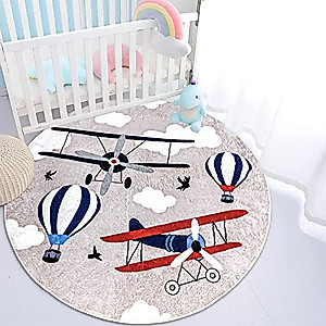 Round Rug 3.3ft, Large Cute Super Soft Aircraft Hot Air Balloon Carpet for Kids Room Playroom Nursery Bedroom Living Room, Non Slip Washable Circular Floor Mat Area Rug for Home Decorative (Grey)