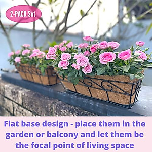 LaLaGreen Wall Planters - 16 Inch, 2 Pack Window Flower Boxes Basket Attach to House, Deck Railing Planters with Coco Liners Outdoor Balcony, Metal English Horse Troughs Fence Patio Porch Over Rail