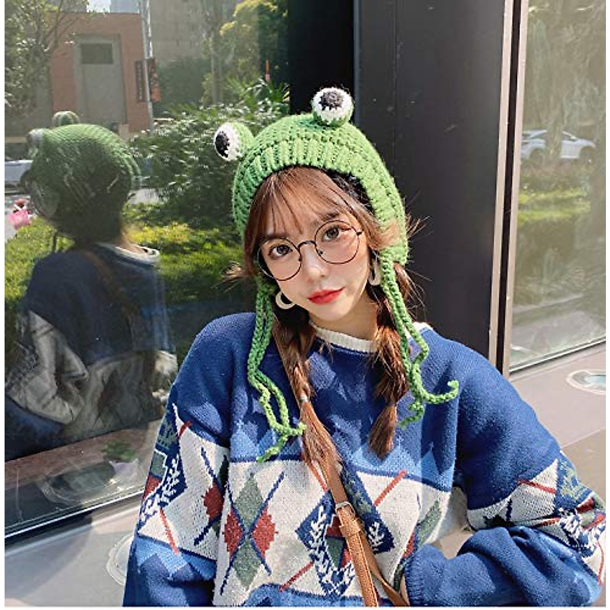 Women Girls Crochet Knitted Winter Headband Hat Beanie Cute Cartoon Frog Big Eyes Earflap Cap Photo Props