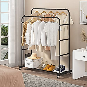 Laiensia Double Rod Garment Rack,Portable Rolling Clothes Rack on Wheels,for Hanging Clothes,Black