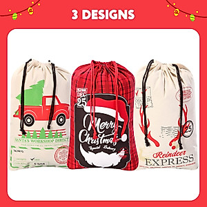 JOYIN 3 Santa Sacks Christmas Canvas Burlap Gift Bags Personalized Storage with Drawstring for Extra Large Xmas Stuffers Presents Bags, Party Favor Decorations