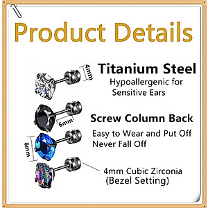Hopply 4 Pairs Titanium Screw Back Surgical Stainless Steel Earrings for Women Men,Rainbow 5A Cubic Zirconia Studs Double Side Earrings Piercing Sleeper Jewelry 6mm (A-Black Colorful CZ)
