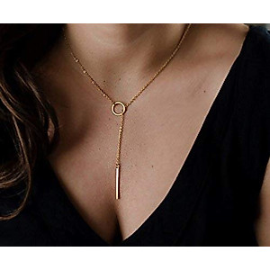 Dcfywl731 Minimal Dainty Gold Plated Dangle Earrings Layered Bar Pendant Neckalce Gold Long Y-Necklace Gold Earrings and Necklaces Set Delicate Lariat Chain Jewelry for Women