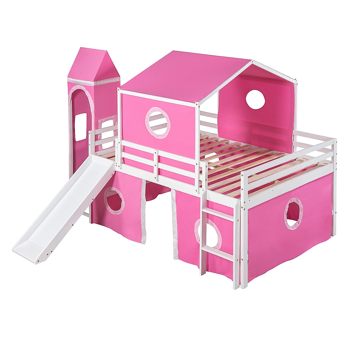Merax Full Over Full House Bunk Bed, Kids Playhouse Bed, Solid Wood bunk Bed Frame with Slide Pink Tent and Tower, for Girls and Boys, Pink