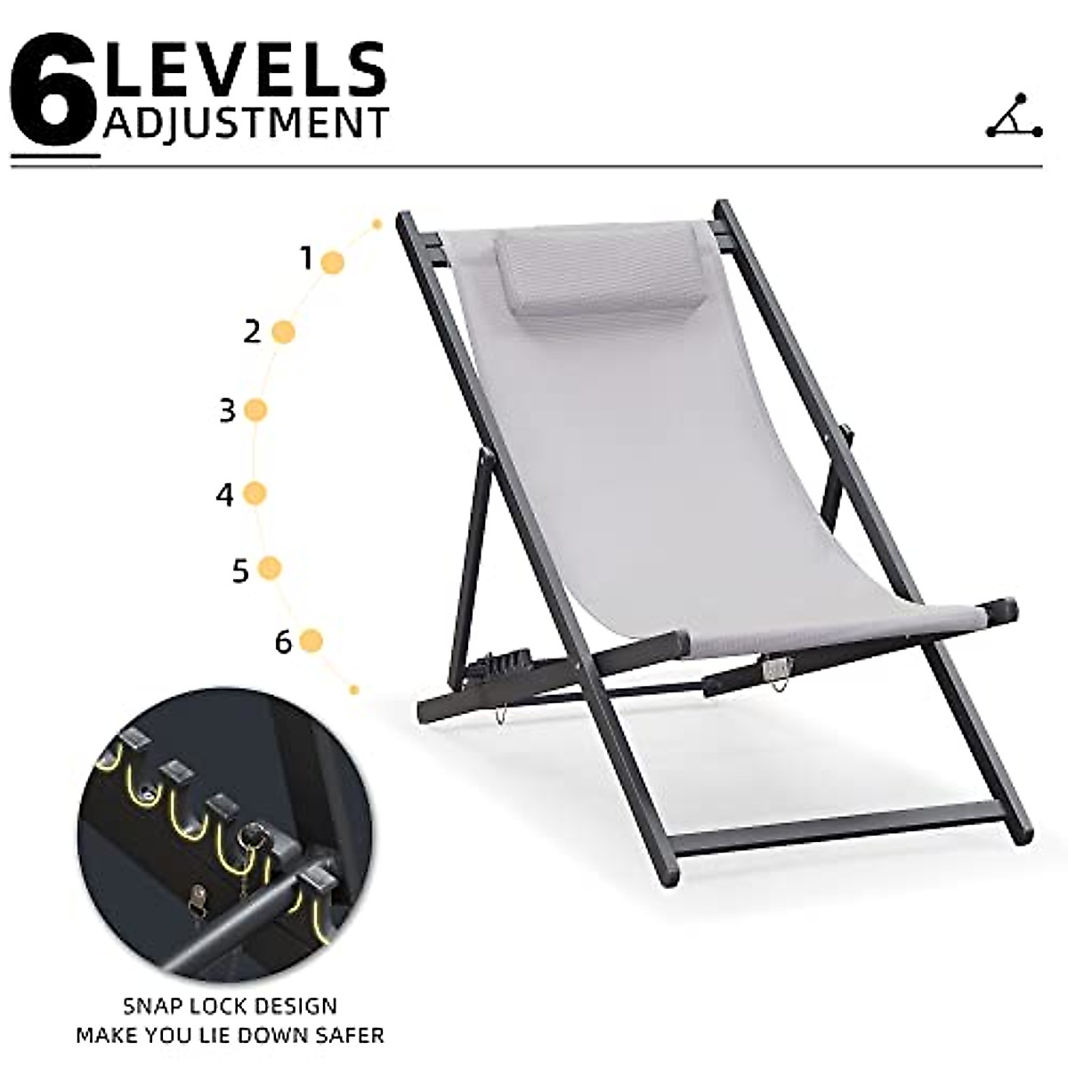 PURPLE LEAF Patio Sling Chairs for Balcony Deck Porch 4 Pieces Outdoor Aluminum Reclining Chairs with Adjustable Folding Beach Chairs and 2 Ottomans Cushioned Headrest Included, Silvery