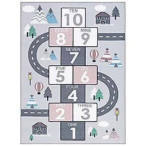 SAFAVIEH Kids Playhouse Collection Area Rug - 5'5" x 7'7", Grey & Pink, Hopscotch, Non-Shedding & Easy Care, Machine Washable Ideal for High Traffic Areas in Playroom, Nursery, Bedroom (KPH226A)
