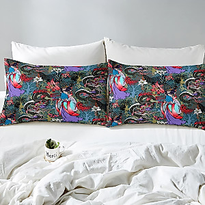 Dragon Duvet Cover King Japanese Style Exotic Bedding Sets Animal Pattern Plant Floral Decor Comforter Cover Asian Culture Theme Bedding with Zipper Ties Soft Luxury Duvet Cover for Adult Women Girls