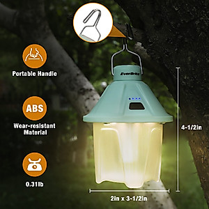 EverBrite 450LM Camping Lantern, USB C Rechargeable Camping Lantern with Magnetic Top&Hanging Hook, 5 Lighting Modes, for Christmas Decorations, Camping, Barbecue, Hiking and Reading, Pack of 2