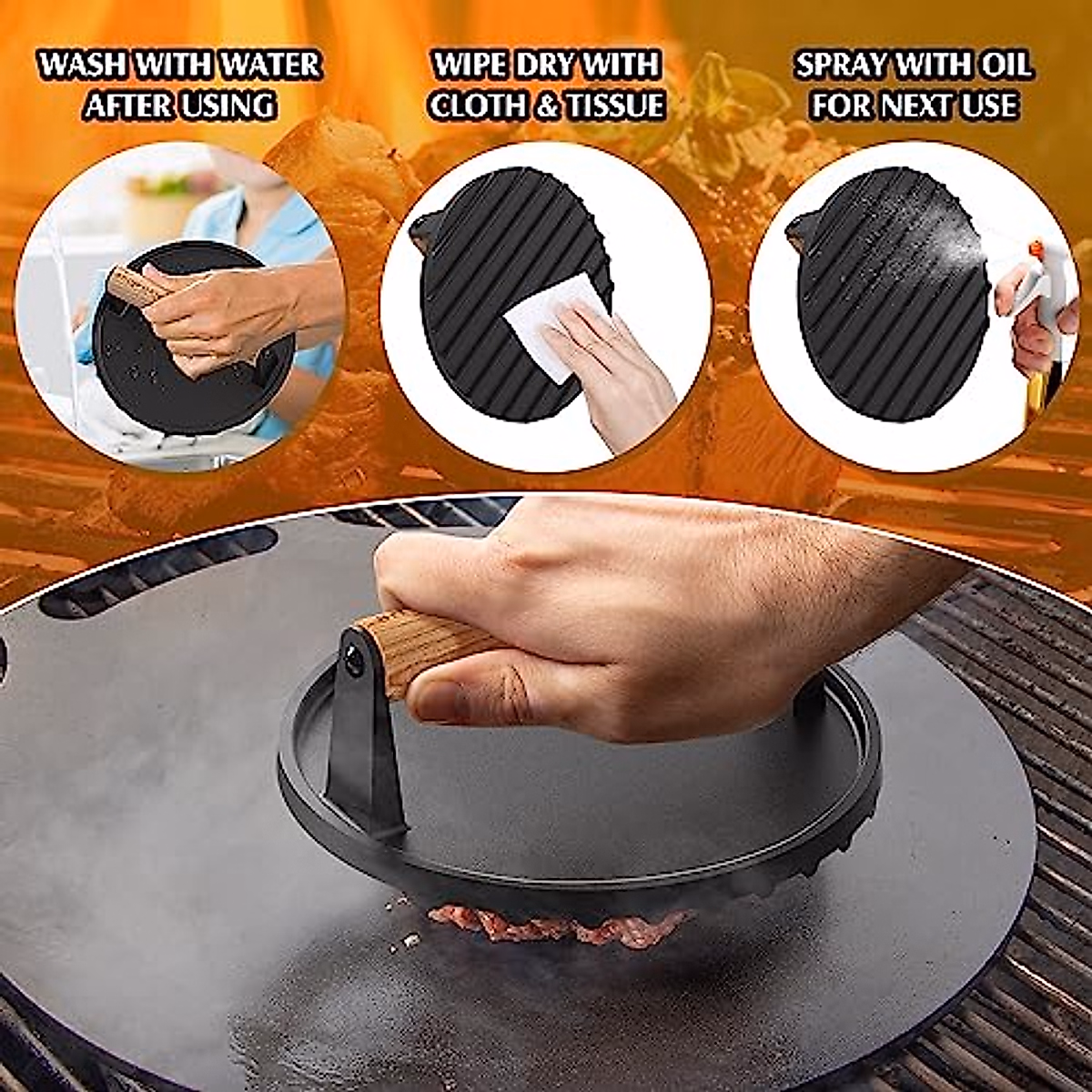 Smashed Burger Kit,Cast Iron Heavy Duty Burger Smasher 7" Round & 8.1‘’X4.1”Rectangle Hamburger Press for Blackstone Weber ,Burger Smasher Griddle Accessories Kit for Flat Top Griddle Grill Cooking