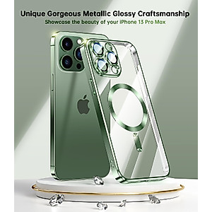 Waldeng for iPhone 13 Pro Max Case with Integrated Camera Lens Protection, [Seamless Work with Magsafe] [Metallic Glossy Soft Bumper], Diamond Clear Stylish Case for iPhone 13 Pro Max, Alpine Green