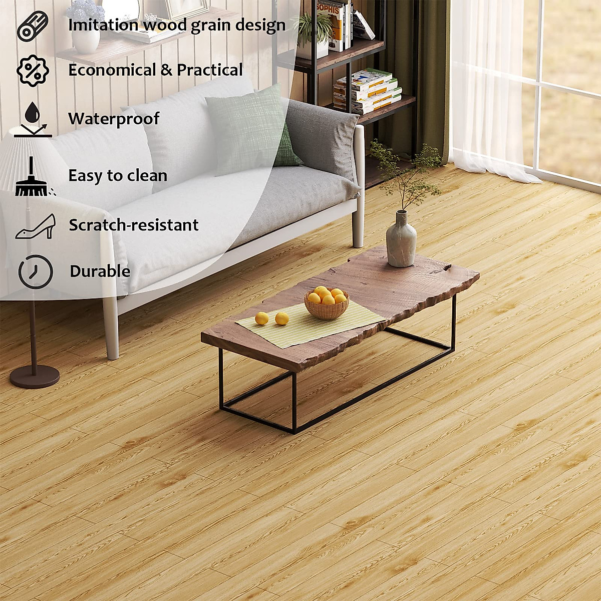 Freshtour Vinyl Flooring Roll, Wood Grain Peel and Stick Floor Tiles 23.6"x 118"/19 Sq.Ft, Wear-Resistant and Waterproof Vinyl Plank Flooring for Bedroom Living Room Kitchen RV Office, Nature Wood