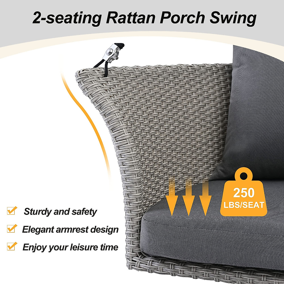 51.9” 2 Person PE Wicker Porch Swing Chair, Rattan Woven Swing Chair Hanging Seat with Adjustable Rope, Porch Swing Hanging Patio Bench with Comfortable Cushion (Gray Wicker and Light Gray Cushion)