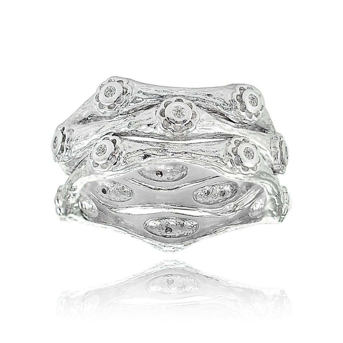 Hoops & Loops Sterling Silver Cubic Zirconia Bamboo Textured Set of 3 Stackable Band Rings, Size 8