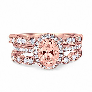 Blue Apple Co. Three Piece Halo Art Deco Wedding Band Engagement Ring Oval Simulated Morganite Round Cubic Zirconia 925 Sterling SilverSize-7