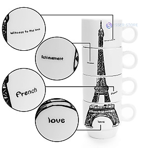 White Porcelain Coffee Tea Cups Set 4 Cups w/Metal Rack in Box 4.0 fl.oz. each Stackable Desing Eiffel Tower