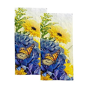 Hand Towels Face Towels Set of 2 Summer Yellow Blue Butterfly Flowers Soft Comfortable Polyester Microfiber Fast Water Absorbent Towels for Bathroom Kitchen 30X15 Inch