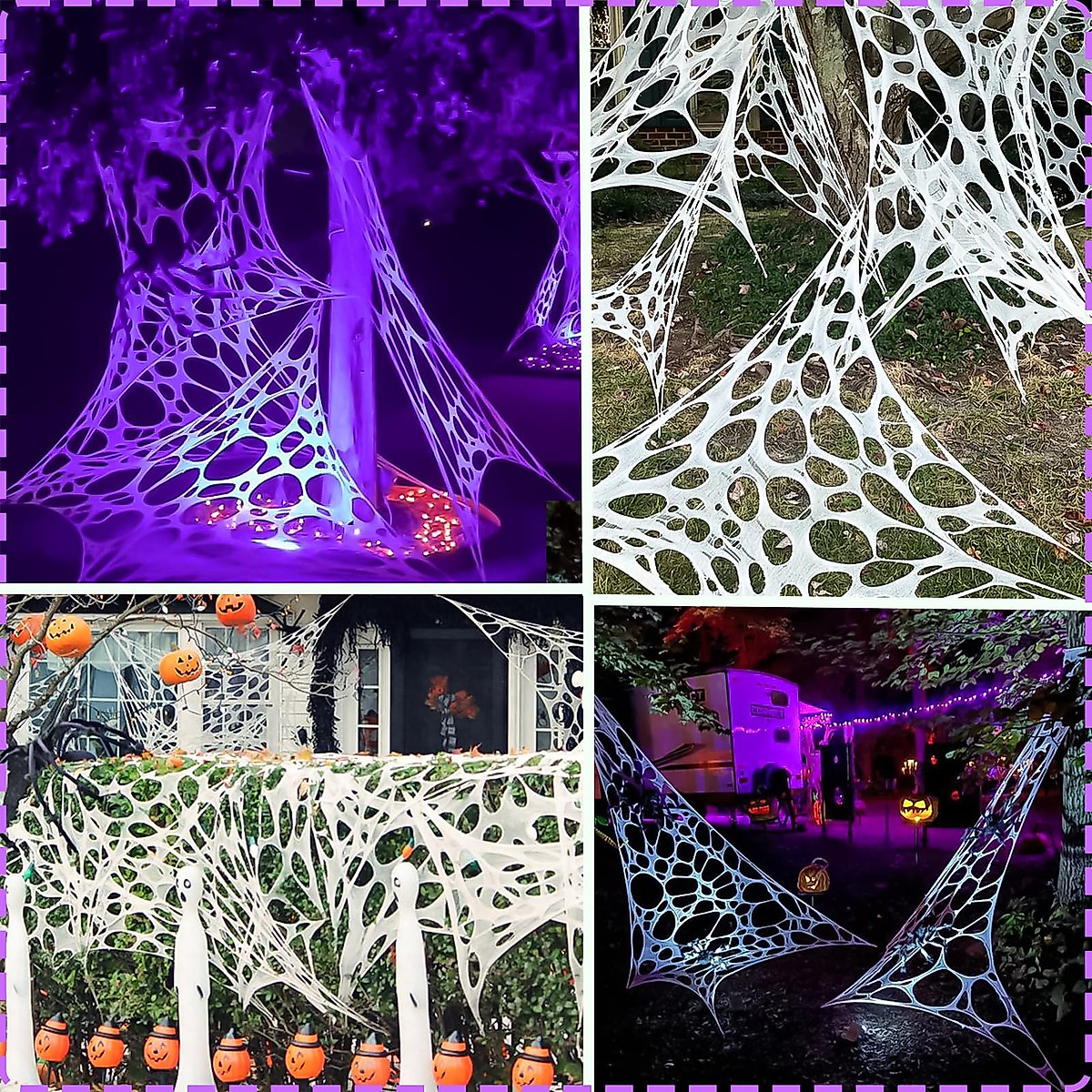 Beef Netting Spider Web for Halloween Outdoor Decoration White Stretchy Beef Netting Roll Spider Web with Purple LED String Lights for Light Up Scary Halloween Yard Garden Decorations