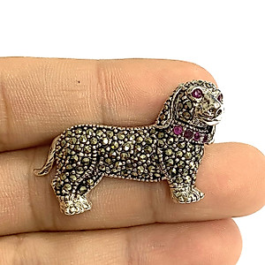 Art Deco Style Dachshund Dog Pin Brooch with Marcasite and Ruby Stone 925 Sterling Silver