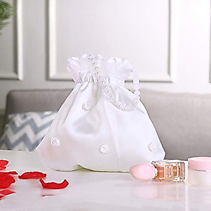 LUOEM Satin Bridal Wedding Money Bag White Bridal Bridesmaid Satin Flower Decorated Bag Handbag with Pearl for Dollar Dance Bridal Purse Wedding Favor