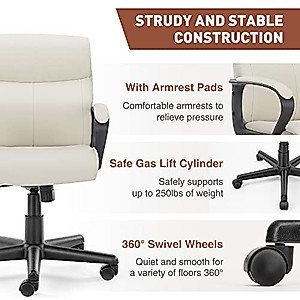 OLIXIS Mid-Back Office Chair with Armrests, Adjustable Height, 360-Degree Swivel Lumbar Support, PU Leather, Cream