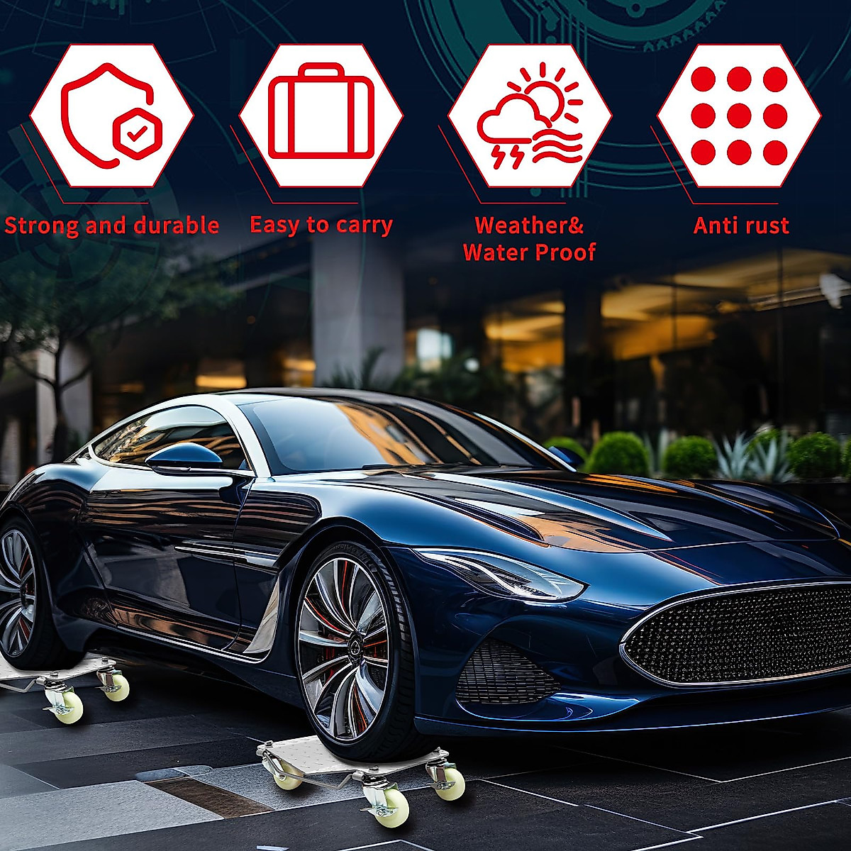 Datanly Set of 4 Car Dolly, Heavy Duty Wheel Dolly Car Stakes, Steel 6000 Lbs Capacity Auto Vehicle Moving Dolly with 360 Degree Wheels for Vehicle Storage Furniture Mover Trailer, 16" x 13"(Silver)