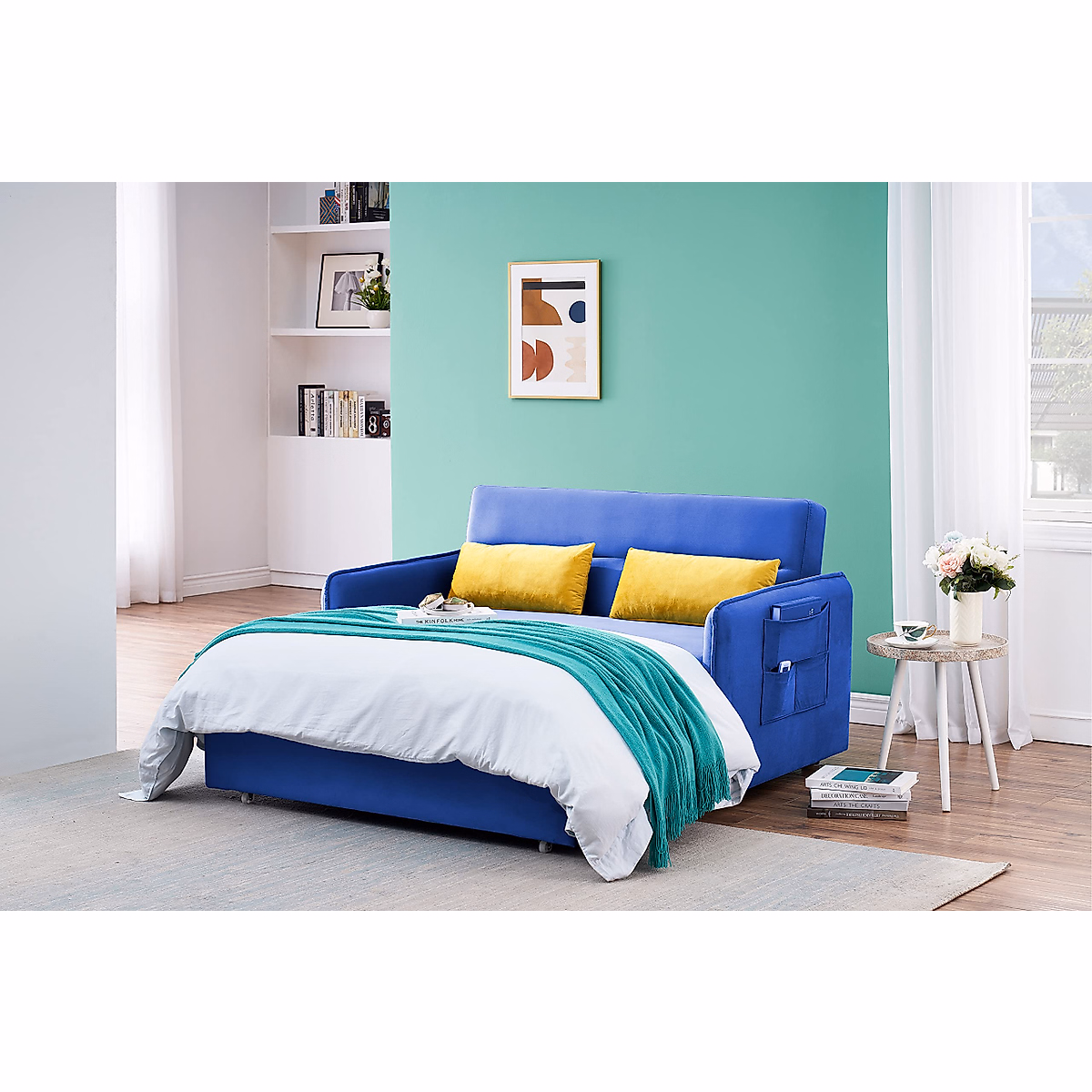 Eafurn Sofa Bed Sleeper, Blue Couch with Side Pockets and Pillows