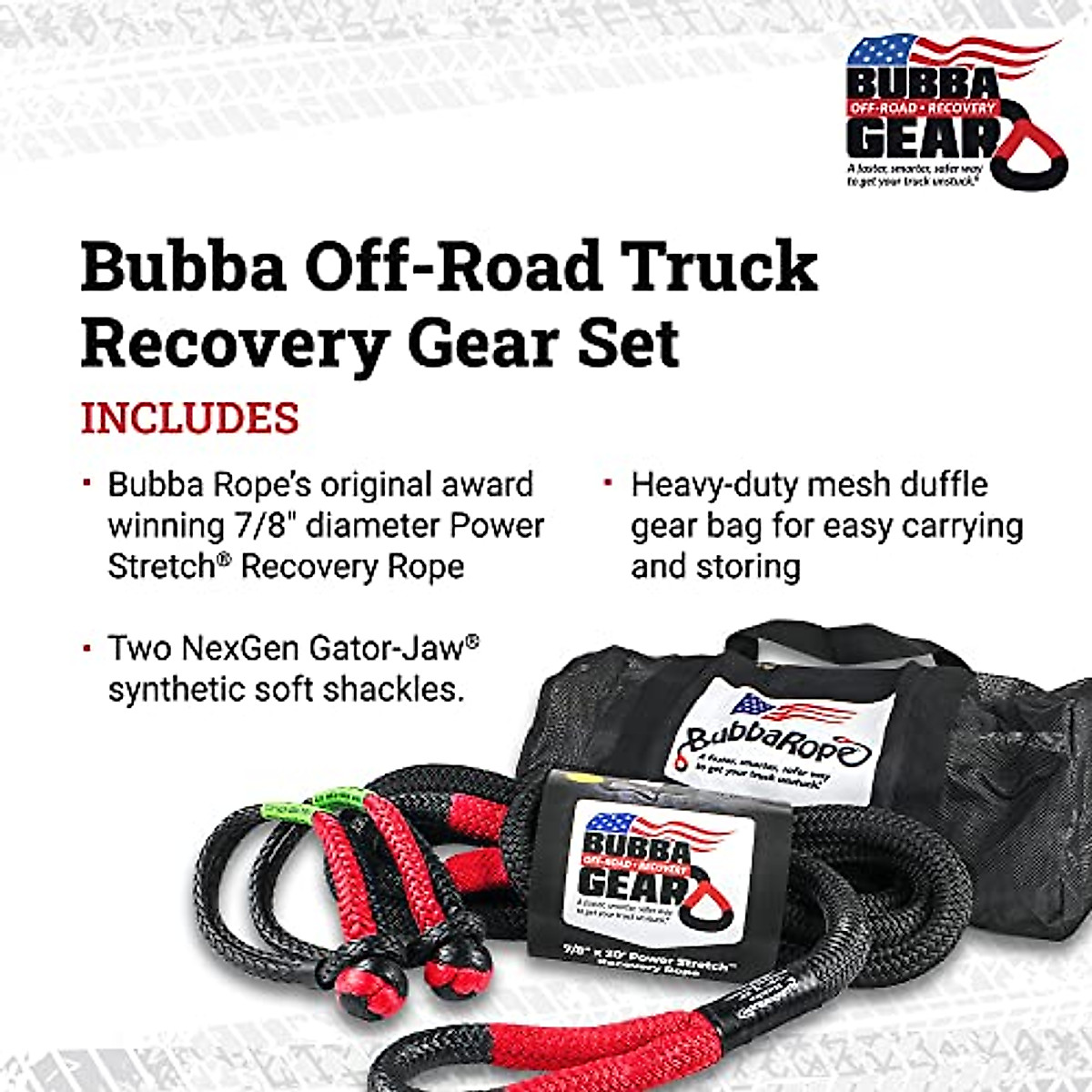 Bubba Rope Off-Road Truck Recovery Gear Set – Heavy-Duty Vehicle Tow Kit: Power Stretch Recovery Rope, 7/8” x 20’ - NexGen PRO Gator-Jaw Synthetic Shackles, 3/8” x 6.5” - Blue