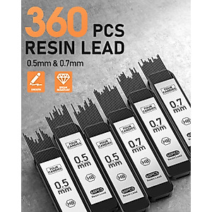 Four Candies 2PCS Metal Mechanical Pencils Set with Case, 0.5mm & 0.7 mm Artist Pencil with 6 Tubes (360PCS) HB Lead Refills, 3 Erasers,9 Eraser Refills For Writing Drafting, Drawing, Silver