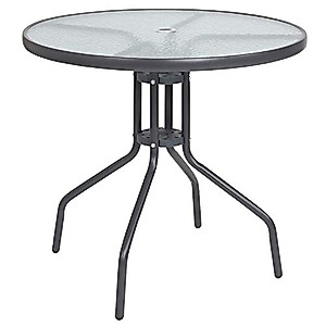 Flash Furniture Nantucket 6-Piece Patio Dining Set with Glass Table, 4 Folding Chairs, and Umbrella, Outdoor Patio Table, Chairs, and Umbrella Set, Black