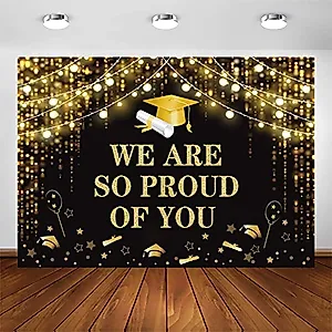 Avezano Graduation Party Backdrop Blak and Gold Graduation Party Decorations Proud of You Congrats Grad 2023 Photoshoot Background Banner Supplies (7x5ft)