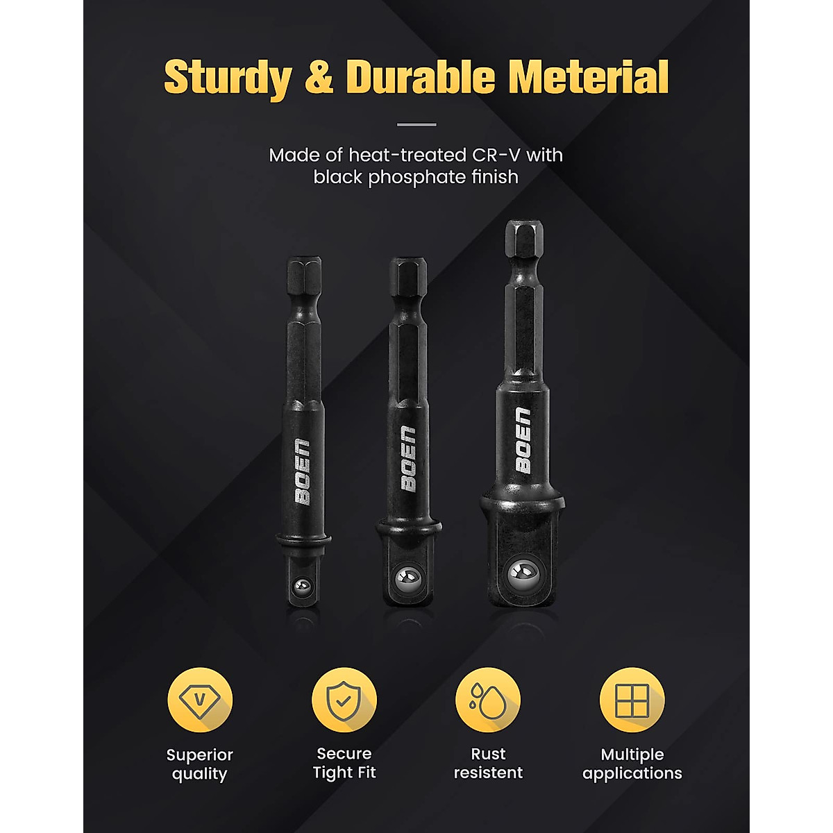 BOEN Impact Grade Socket Adapter Set, 3-PCS Drill Bit Adapter with Bit Holder, Sizes 1/4", 3/8", 1/2", 1/4-Inch SAE Hex Shank, Cr-V with Black Phosphate Finish