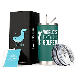 JENVIO Golf Gifts for Men | Worlds Okayest Golfer | Stainless Steel Travel Tumbler Mug w 2 Lids and 2 Straws and Gift Box | Funny Unique Idea Gag Cup Dad Husband Retirement Valentine's Day