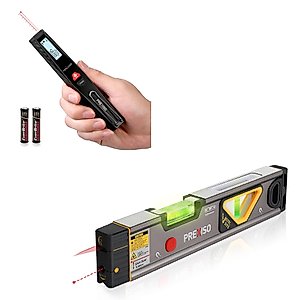 PREXISO 135Ft Mini Laser Measure Backlit Digital & PREXISO 2-in-1 Laser Level Spirit Level with LED Lights, 100Ft Point & 30Ft Line