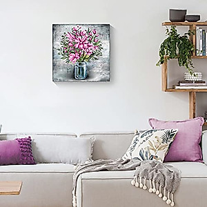 StrLon Bathroom Wall Decor Floral Canvas Wall Art Pink Flower in Blue Bottle Hand Painted Artwork for Kitchen Bedroom Office Ready to Hang Size 14"X14"