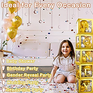 Baby Boxes with Letters for Baby Shower, 5 Clear Balloon Boxes with 78 Letters & Numbers, Baby Blocks for Bridal Shower Gender Reveal Decorations Birthday Wedding Party Grad Backdrop, Gold