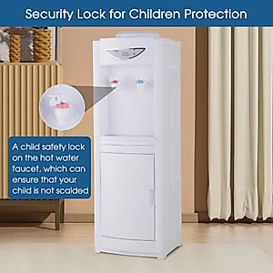 Hot & Cold Top Loading Water Dispenser, 3/5 Gallons Water Cooler with 2 Temperature Settings, Child Safety Lock & Storage Cabinet, Water Cooler Dispenser for Home,Office, Dormitory (White, Vertical)
