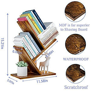 R RUISHENG Wood Tree Bookshelf, 3 Shelves Display Bookcase for Books/Magazines/CDs, Desk Standing Book Shelves Organizer for Office, Bedroom, Living Room