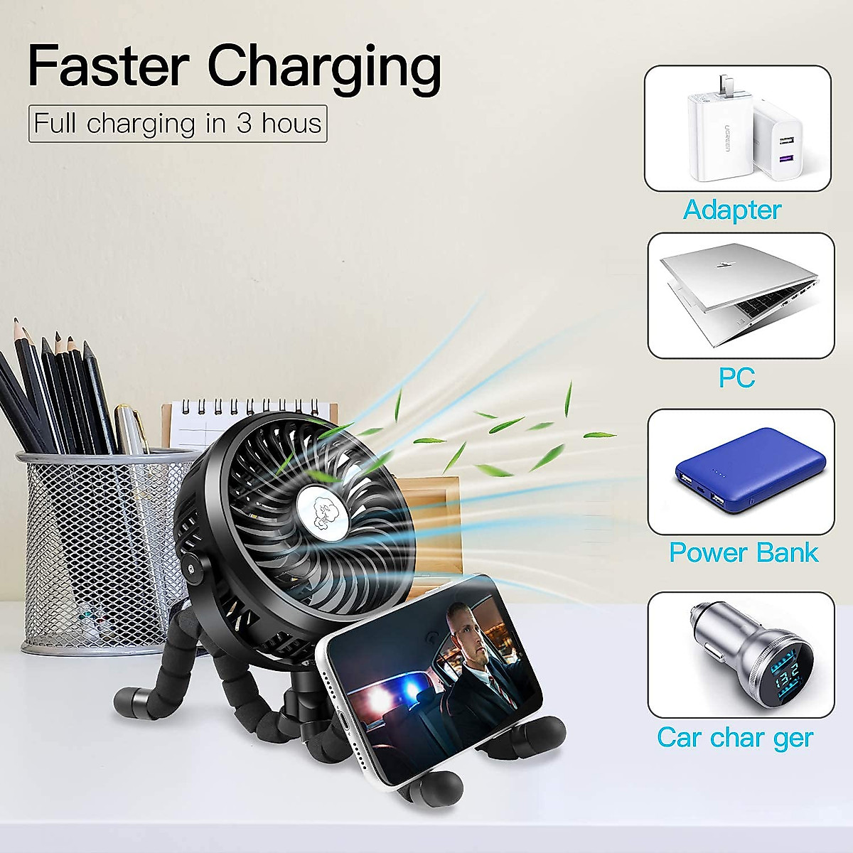 Battery Operated Stroller Fan, Clip On Fan for Baby Stroller, Flexible Tripod USB Personal Fan, Portable Golf Cart Fan with 12PCS LED for Crib Bike Car Seat Treadmill Camping Gym, 3 Speeds, Rotatable