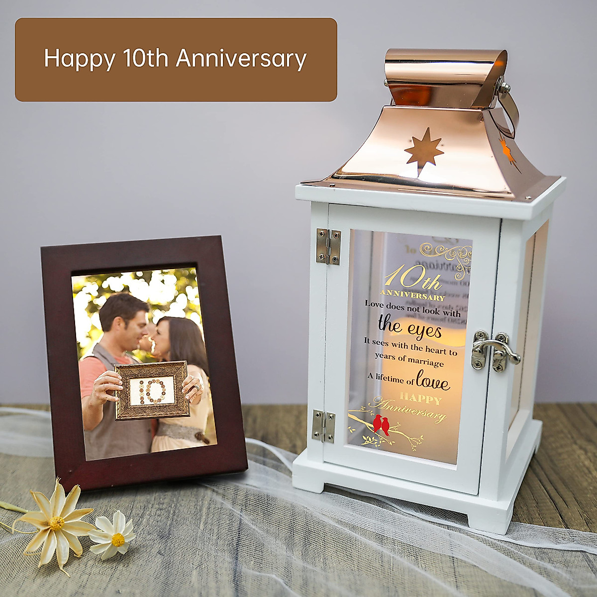 10th Wedding Anniversary Lantern, Best 10th Anniversary Wedding Gifts for Couple Parents Wife Husband Tin 10 Years of Marriage Anniversary Wedding Gifts for Him Her