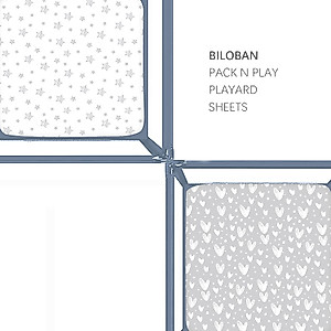 Square Playard/Playpen Fitted Sheets, Perfect for 36 X 36 Portable Playard, 2 Pack, 100% Jersey Knit Cotton Fitted Sheets, Grey Stripes and Hearts Print for Baby Boy and Baby Girl