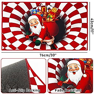 Illusion Christmas Door Mat Xmas Santa Claus with Gifts 3D Visual Vortex Red and White Plaid Rug for Christmas Front Door Non-Slip Welcome Entrance Door Mat Kitchen Home Bathroom Carpet Decorations