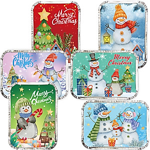 WorldBazaar Christmas Aluminum Food Containers 36PCS Christmas Leftover Containers with Lids Disposable Snowman Christmas To Go Containers Winter Holiday Party Supplies