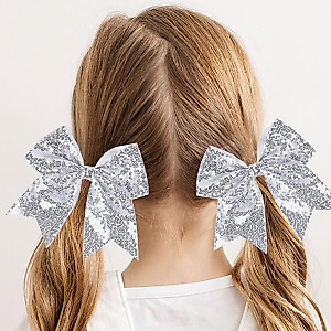 2 PCS 7" Large Glitter Cheer Bows Sequin Cheer Hair Bow Ties with Elastic Shiny Hair Bows Ponytail Holder Handmade for Cheerleader Girls Softball Sports Hair Accessories for Teens Kids(Silver)