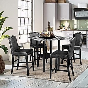 YuiHome Set 5 Piece Matching Bottom Shelf for Dining Room, Faux Marble Kitchen 4 Persons,Black Chair+Gray Table