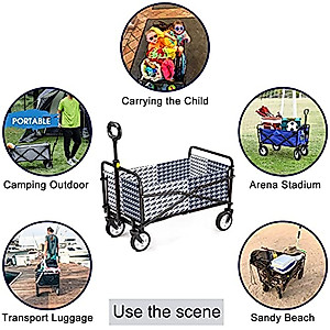 Collapsible Wagon Cart Houndstooth Fashion Autumn in Navy Blue Grey White Seamless Geometric Foldable Utility Wagon Large Capacity Garden Cart with Push Bar for Beach Camp Outdoor Shopping