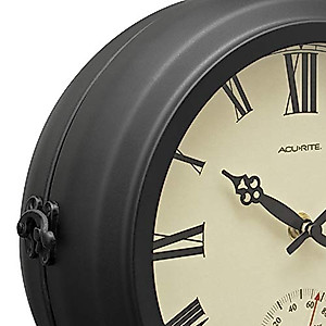 AcuRite 9-Inch Indoor/Outdoor Double-Sided Hanging Clock with 360-Degree Spin Functionality, Iron Metal Frame, Glass Lens, Quartz Crystal Movement, Weatherproof and Premium Thermometer (75140M),Black