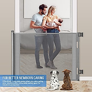 Retractable Baby Gate, Extra Wide Safety Kids or Pets Gate, 33” Tall, Extends to 55” Wide, Mesh Safety Dog Gate for Stairs, Indoor, Outdoor, Doorways, Hallways, Easy to Wipe(Grey)