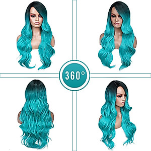 FAVE Ombre Bluish Green Wig Long Wavy Side Part Wig Heat Resistant Synthetic Hair Teal Blue Wig Mermaid Wigs for Women (Ombre Bluish Green)