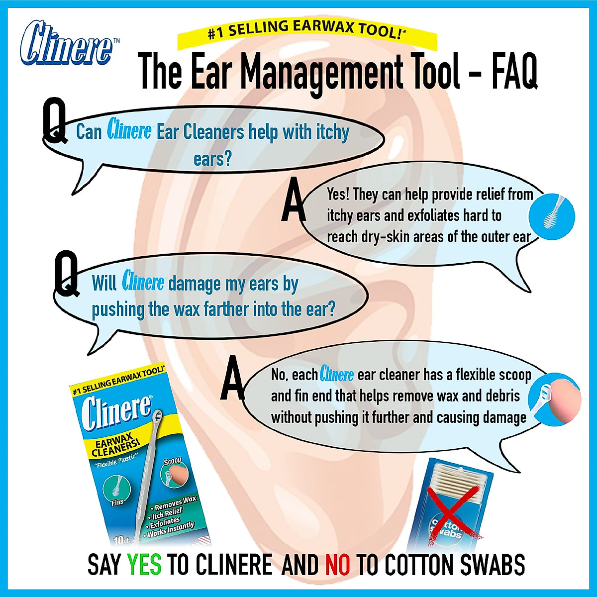 Clinere® Ear Cleaners, 10 Count Earwax Remover Tool Safely and Gently Cleaning Ear Canal at Home, Ear Wax Cleaner Tool, Itch Relief, Ear Wax Buildup, Works Instantly, Exfolimates, Earwax Cleaners.